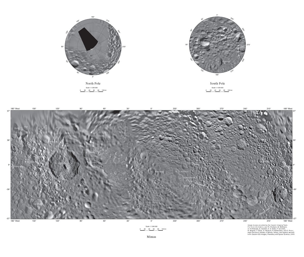 Map of Mimas with place names | The Planetary Society