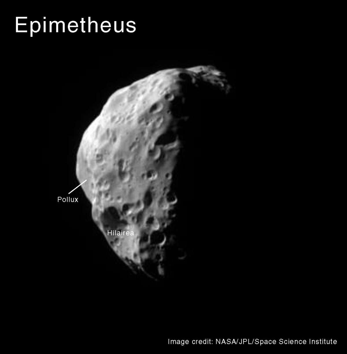 Photo of Epimetheus with place names | The Planetary Society