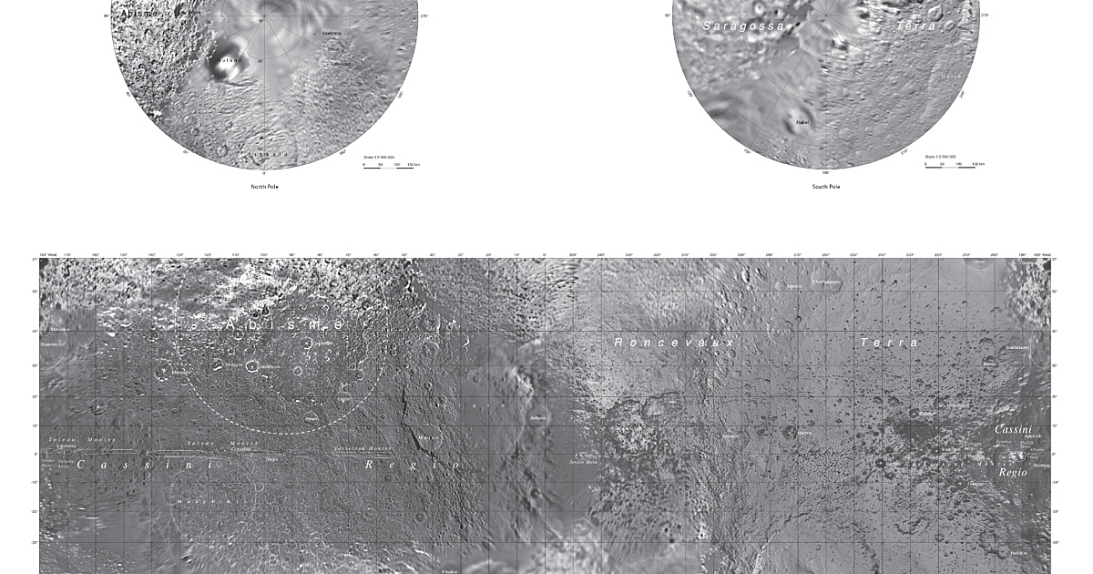 Map of Iapetus with place names | The Planetary Society