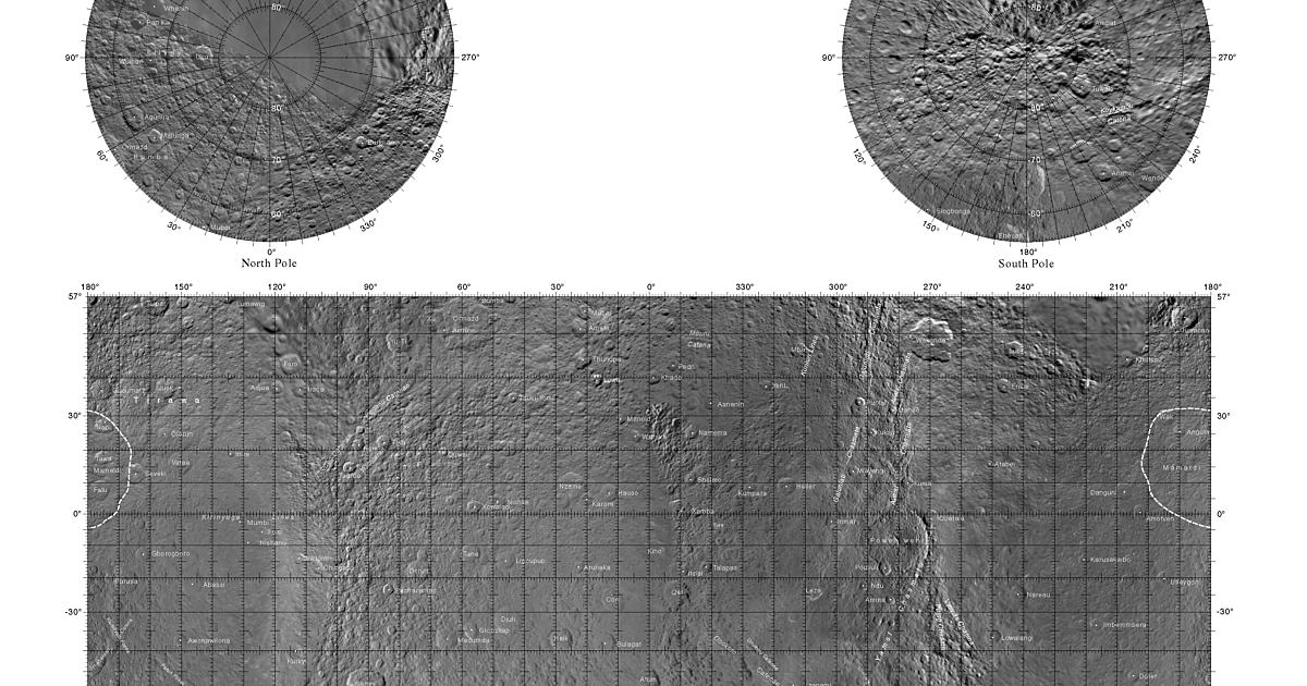 Map of Rhea with place names | The Planetary Society
