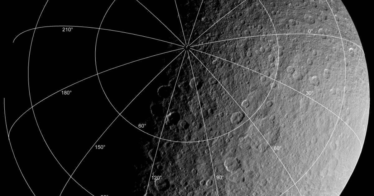 Voyager 1 mosaic of Rhea with superimposed… | The Planetary Society