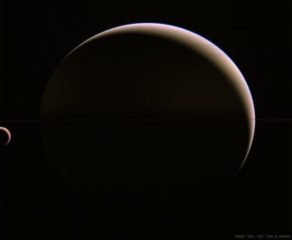 Crescent Titan and Saturn | The Planetary Society