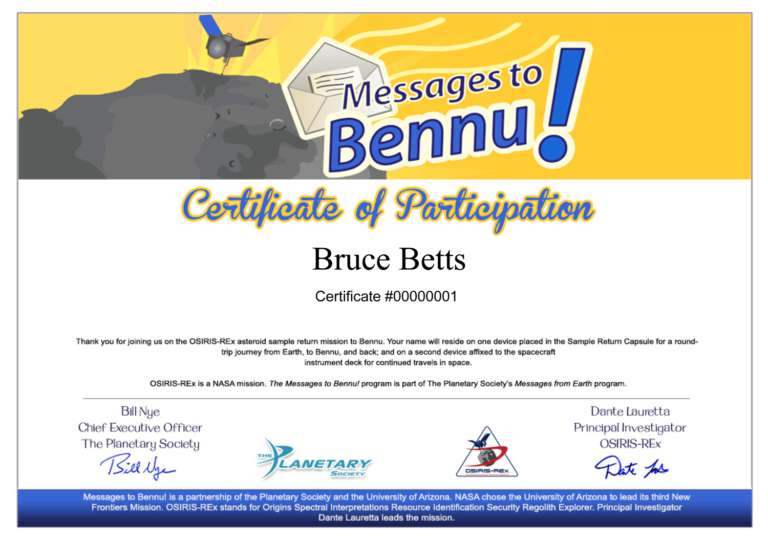 OSIRIS Messages to Bennu sample certificate | The Planetary Society