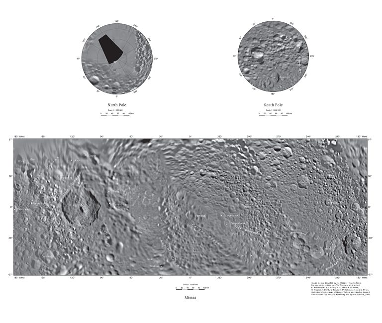 Map of Mimas with place names | The Planetary Society