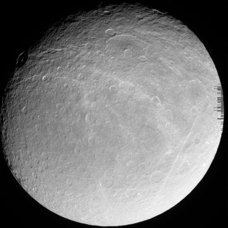 Rhea global view with data dropouts | The Planetary Society